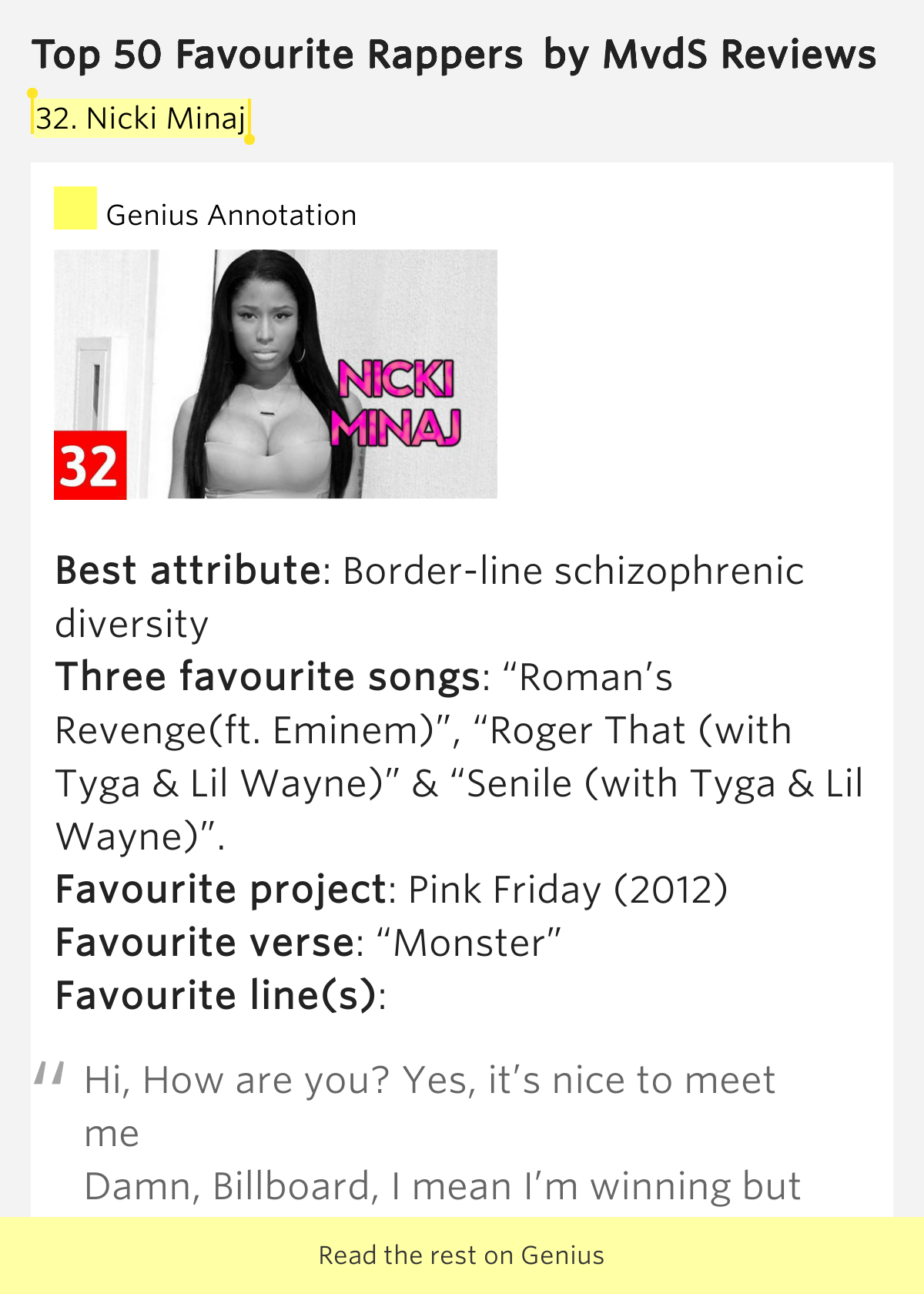 32. Nicki Minaj – Top 50 Favourite Rappers Lyrics Meaning