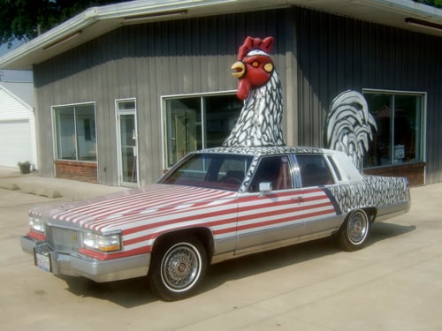 A former cop car turned into some sort of patriotic chicken mobile : r ...